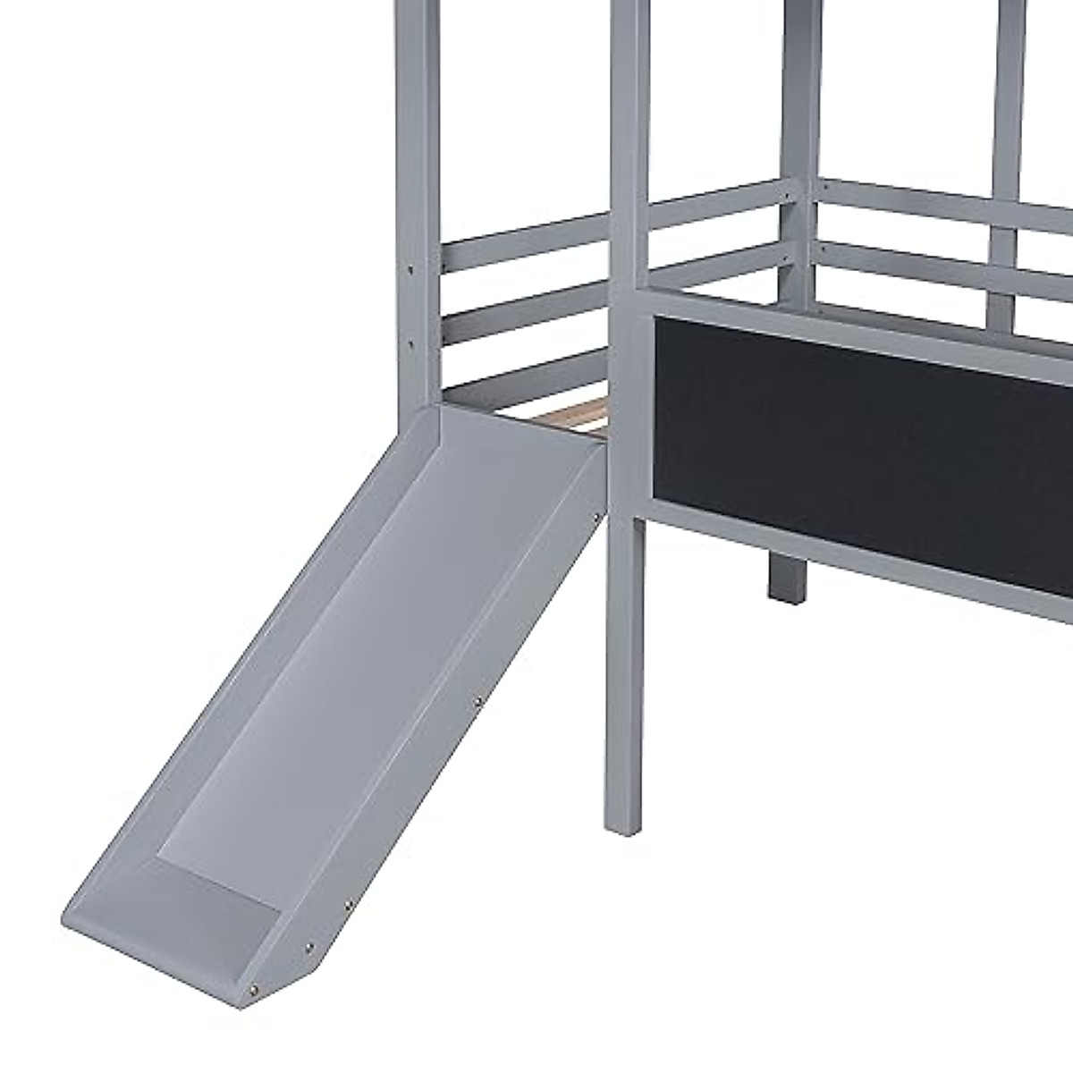Bellemave Twin Size Low Loft Bed with Slide and Ladder, Wood Playhouse Twin Bed with Blackboard and Light Strip on The Roof, Twin House Bed for Kids, Boys, Girls, No Box Spring Needed, Gray