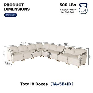 LLappuil Oversized Sectional Couch L Shaped Modular Sofa with Storage, Corner Cloud Sofa with Chaise, 141 in Width, 8 Seat Sofa, Teddy Velvet, Off White