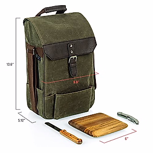 LEGACY - a Picnic Time Brand, 2 Bottle Insulated Wine Bag with Cheese Board and Knife Set - Wine Picnic Bag - Waxed Canvas Wine Tote, Khaki/Brown