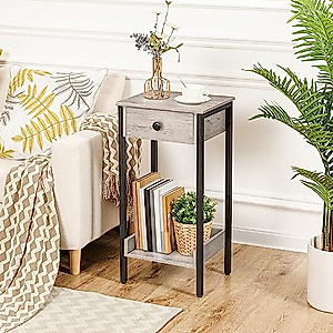 HOOBRO Tall Side Table, Nightstand, End Table with Drawer and Storage Shelf, Industrial End Telephone Table, for Study, Bedroom, Space Saving, Greige and Black BG71BZ01