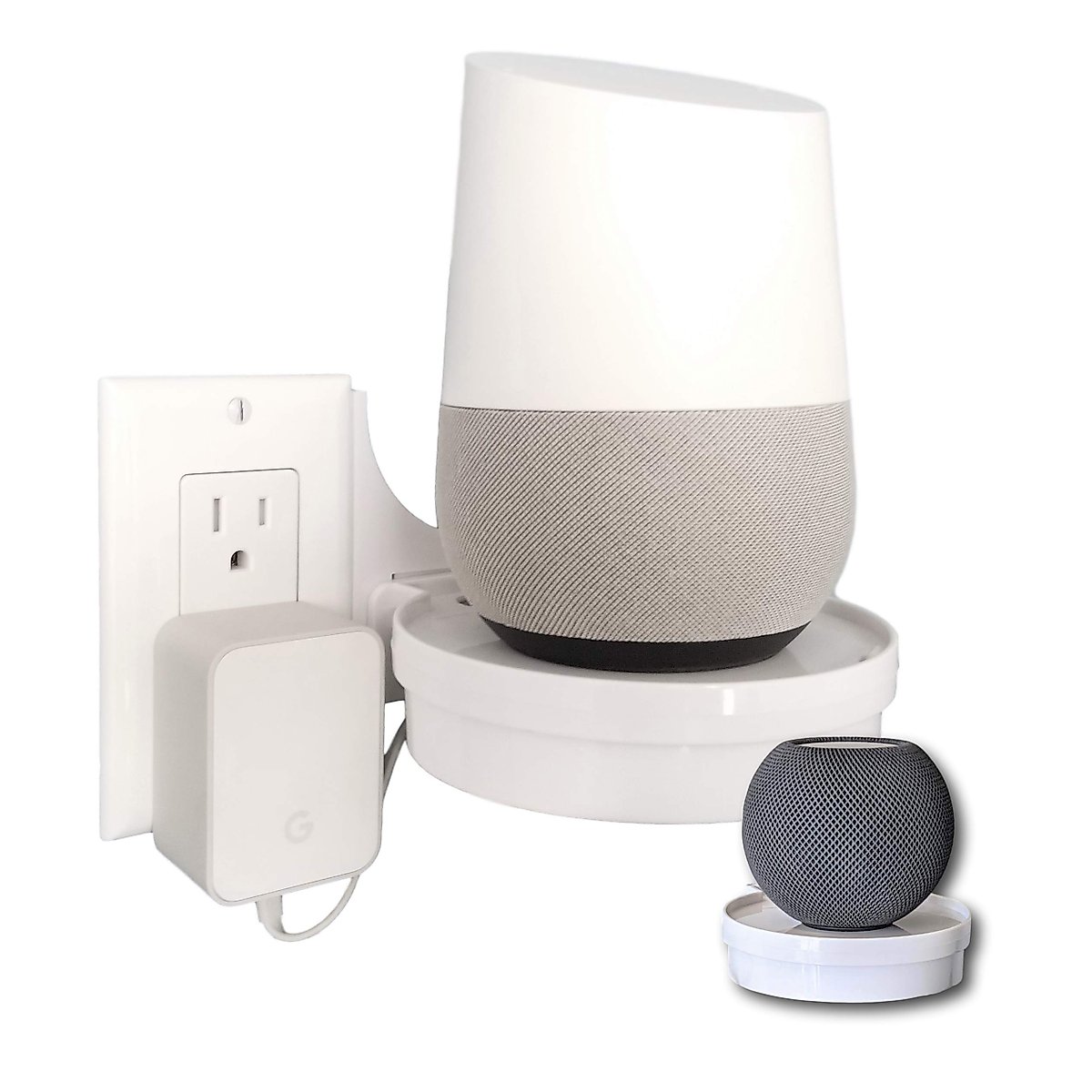 The Google Home Hub Nest Hub [Gen 1 and Gen 2] Mount for Electrical Outlets. Full Swivel. Installs in Seconds. Hidden Cord Storage. Award Winning Design. Works on All Vertical Outlets.