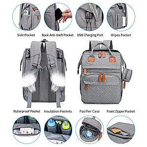 KABAQOO Diaper Bag Backpack, Large Baby Diaper Bags for Boys Girls, Baby Bag with USB Charging Port, Multifunction Waterproof Travel Back Pack for Moms Dads, Grey