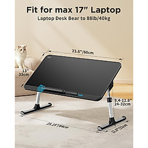 SAIJI Leather Laptop Bed Tray Table, Adjustable Laptop Stand with Removable Stopper, Portable Lap Desks with Foldable Legs, Notebook Stand Breakfast Reading Desk for Sofa Couch(Large,Black)