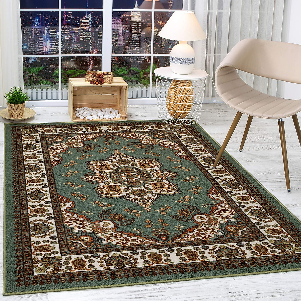 Antep Rugs Alfombras Oriental Traditional 3x5 Non-Skid (Non-Slip) Low Profile Pile Rubber Backing Indoor Area Rugs (Green, 3' x 5')