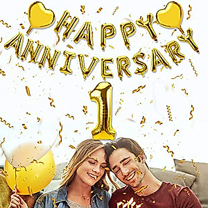 Yoaokiy 1 Year Anniversary Balloon Decorations, Happy 1st Anniversary Party Supplies - Gold Glitter 1 Year Anniversary Balloon Banner with 2 Heart Foil, 1st Wedding Anniversary Supplies Decorations