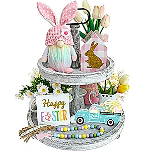 Easter Decorations, 5Pcs Easter Gnome Tiered Tray Decor, 3 Glitter Easter Wood Signs, Truck Full of Eggs, Easter Bunny Gnome Plush, Spring Easter Bead Garland,Rustic Farmhouse Spring Easter Decor