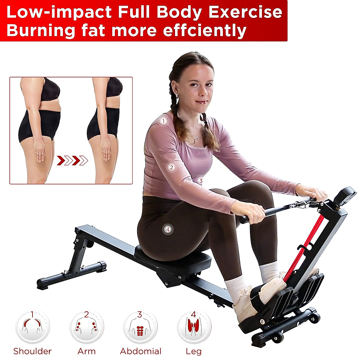 Rowing Machine Foldable, Fitness Rower Machines Cardio Training Adjustable Elastic Portable Compact Rower for Home Use Strength Equipment LCD Display Loading 300 LBS (Black-Red)