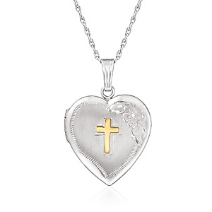 Sterling Silver Floral Heart Locket Necklace With 14kt Yellow Gold Cross. 18 inches