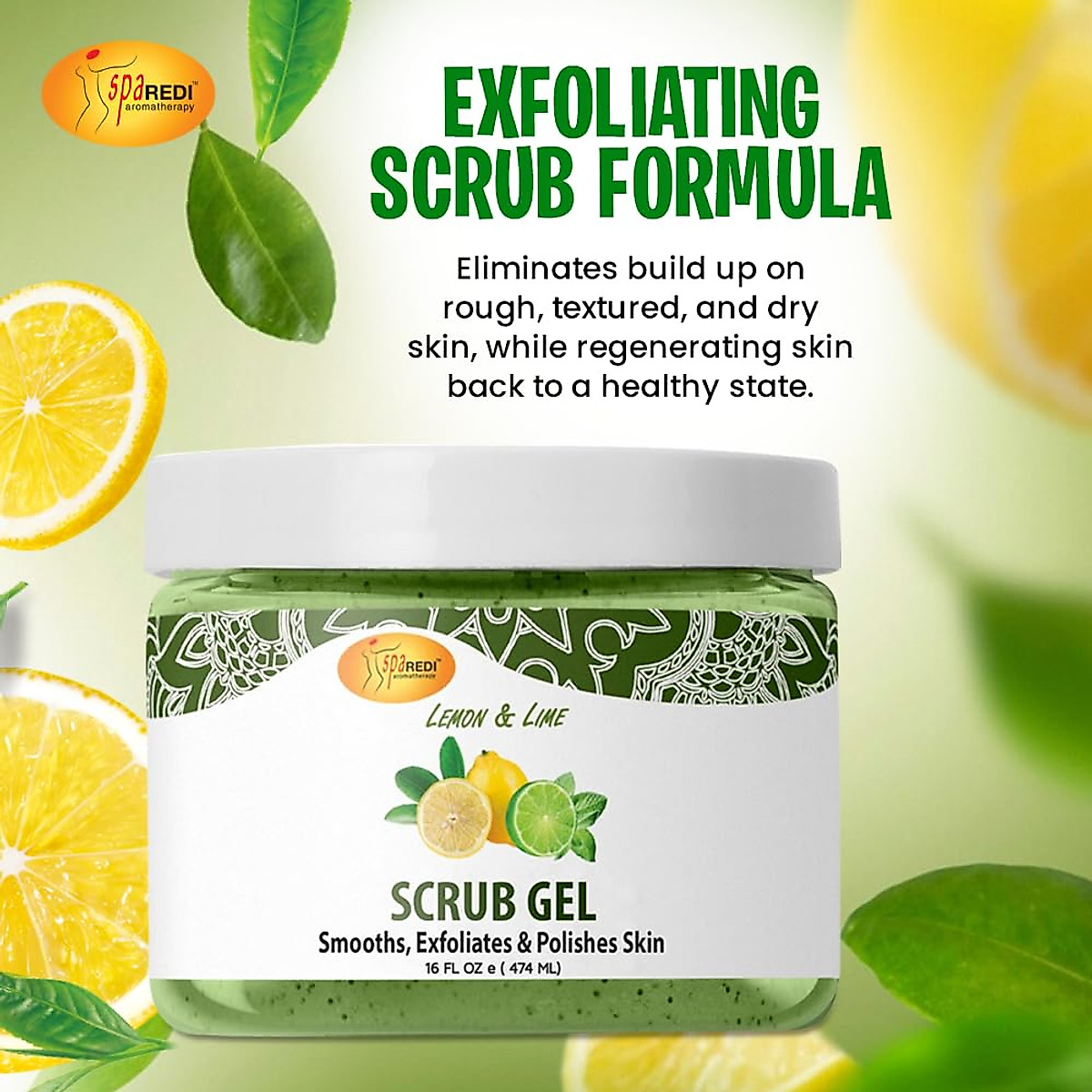 SPA REDI – Exfoliating Scrub Pumice Gel, Lemon & Lime, 16 Oz - Manicure, Pedicure and Body Exfoliator Infused with Hyaluronic Acid, Amino Acids, Panthenol and Comfrey Extract