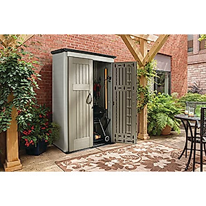 Rubbermaid Outdoor Small Vertical Resin Storage Shed, 5x2 Feet, Brown, Weather Resistant Utility Shed with Lock for Storage for Lawn Accessories/Power Tools/Outdoor Toys/Hose