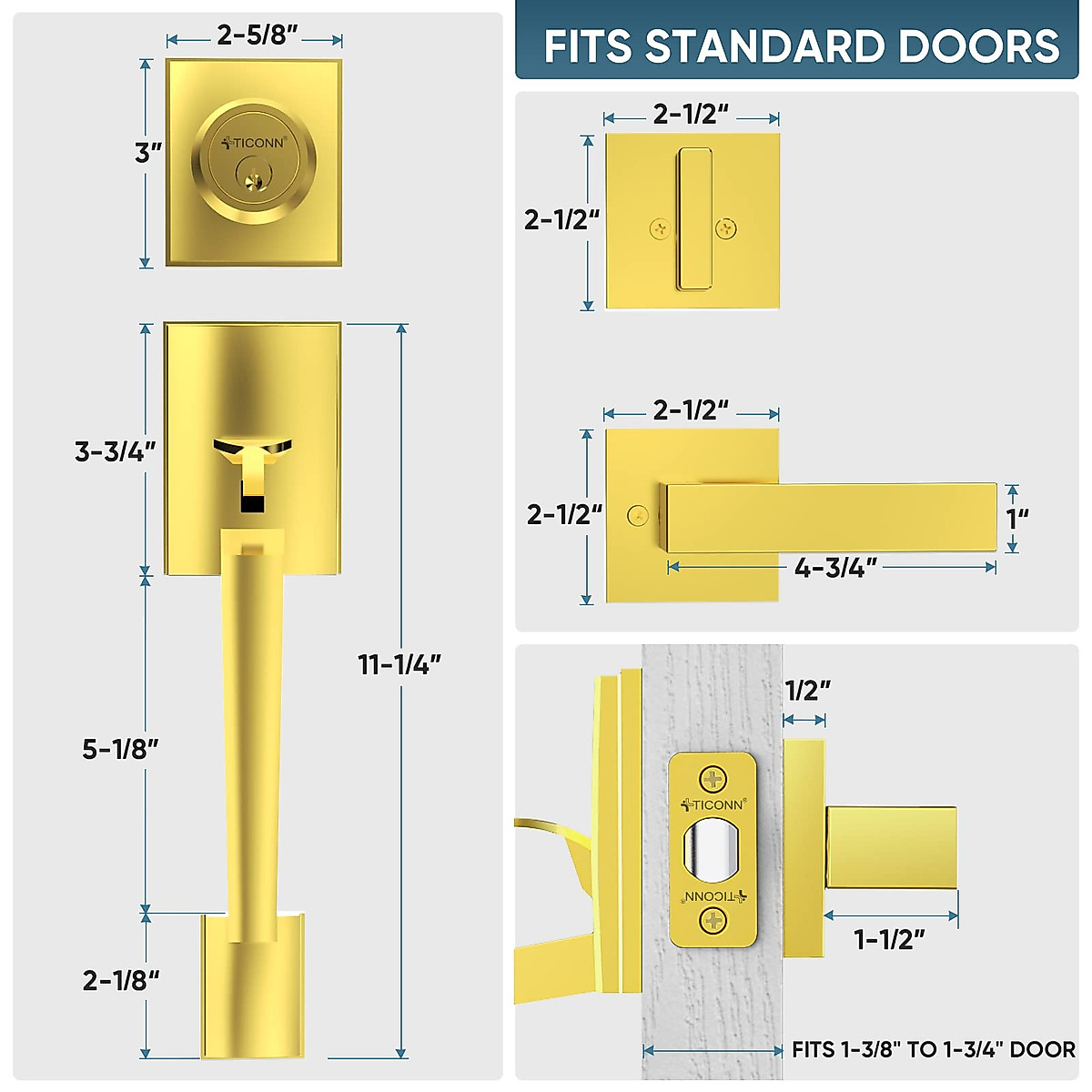 TICONN Front Door Handle Set, Heavy Duty Square Door Lever & Single Cylinder Deadbolt Combo Reversible for Entrance Exterior Doors (Polished Brass)