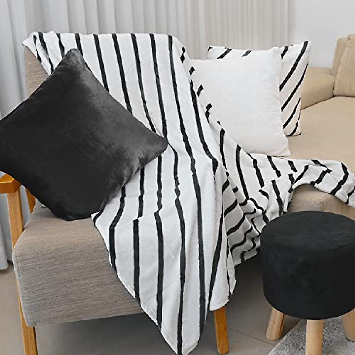 4 Piece Throw Blanket with Pillow Covers Set - Black & White Stripes Fleece Blanket with 3 Throw Pillow Covers - Soft Fluffy Cozy Flannel Blanket - Black, White and Stripe Square Pillow Covers 18x18