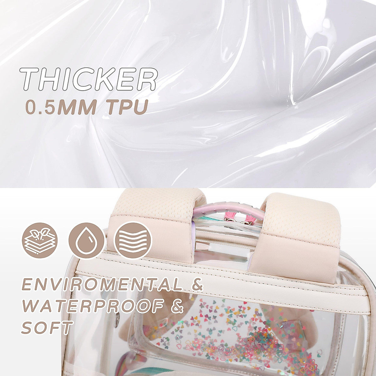 KIDNUO Clear Backpack for Girls Kids Elementary Bookbags Transparent Stadium Approved Travel Daypack See Through Middle College School Bag Large Laptop Backpacks for Women Teens Students (Beige)