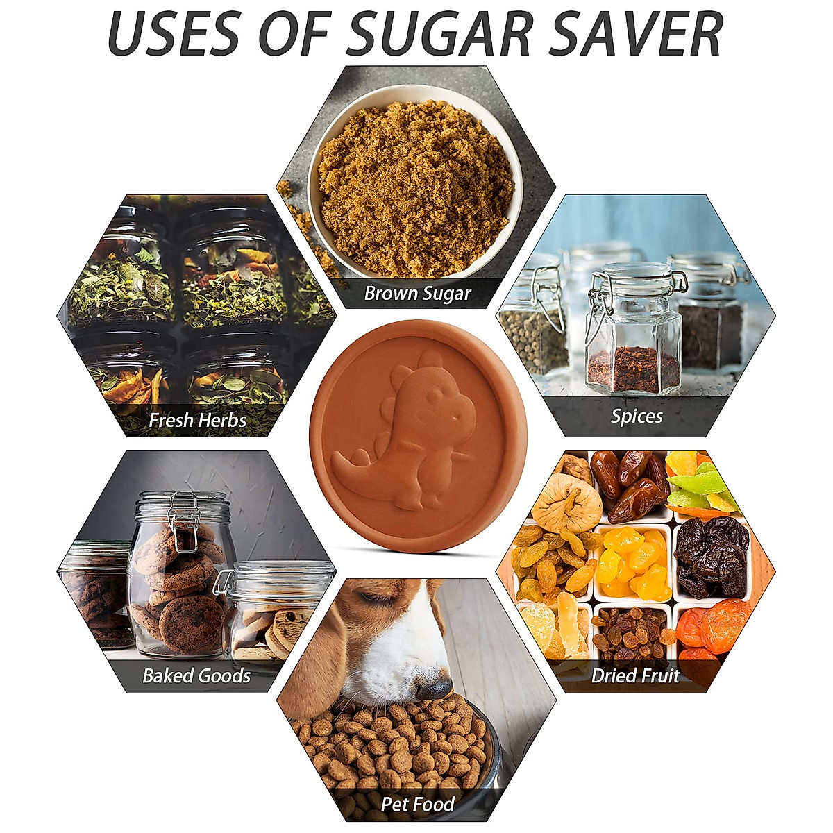 BARST Brown Sugar Saver and Softener Disc with Lovely Dinosaur Design, Brown Sugar Keeper for Food Storage Containers, Reusable & Food Safe, Terracotta 6 Pack
