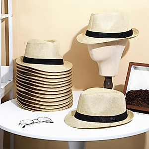 24 Pack 1920s Fedora Hats Bulk for Men Short Brim Sun Panama Hats for Women Party Costume, Circumference 60 cm(Beige)