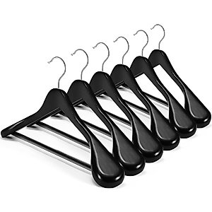 HOUSE DAY High-Grade Suit Hangers, Wide Shoulder Wooden Hangers with Non Slip Pants Bar, Smooth Finish 360° Swivel Hook Solid Wood Coat Hangers for Dress, Jacket, Heavy Clothes Hanger 6 Pack (Black)