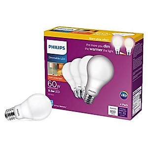 Philips LED Flicker-Free Frosted A19 Light Bulb, Dimmable Warm Glow Effect, 800 Lumen, 2700-2200K, 8.8W=60W, E26 Base, 6-Pack