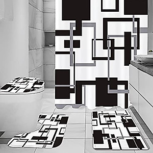 Gibelle 4 Pcs Bathroom Shower Curtain Set with Non-Slip Rugs, Toilet Lid Cover and Bath Mat, Grey Black and White Bathroom Decor Set with Shower Curtain and Rugs and Accessories