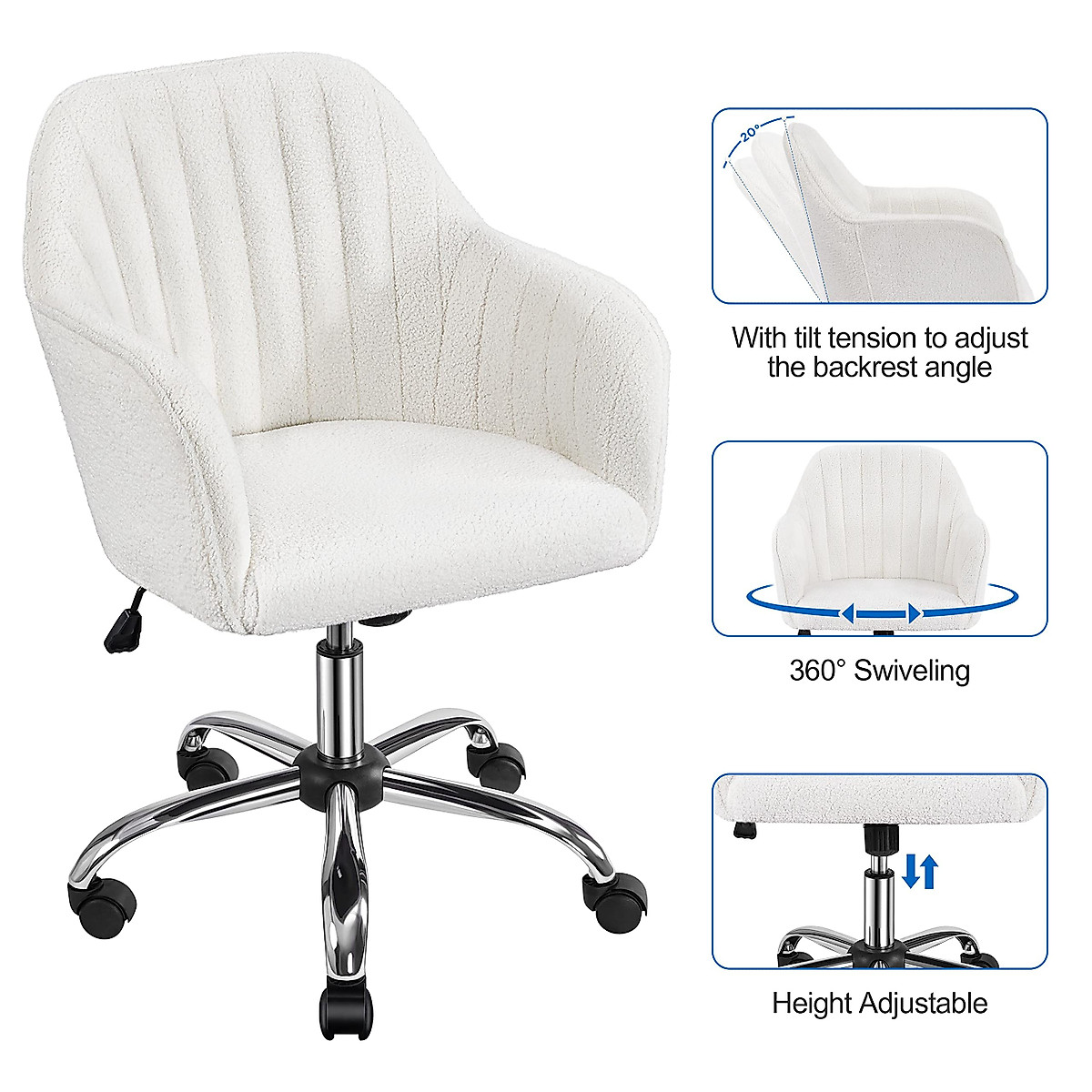 Yaheetech Boucle Vanity Chair Desk Chair Comfy Modern Accent Chair Mid Back Ergonomic Office Chair Height Adjustable Swivel Computer Chair for Bedroom with Arms Ivory