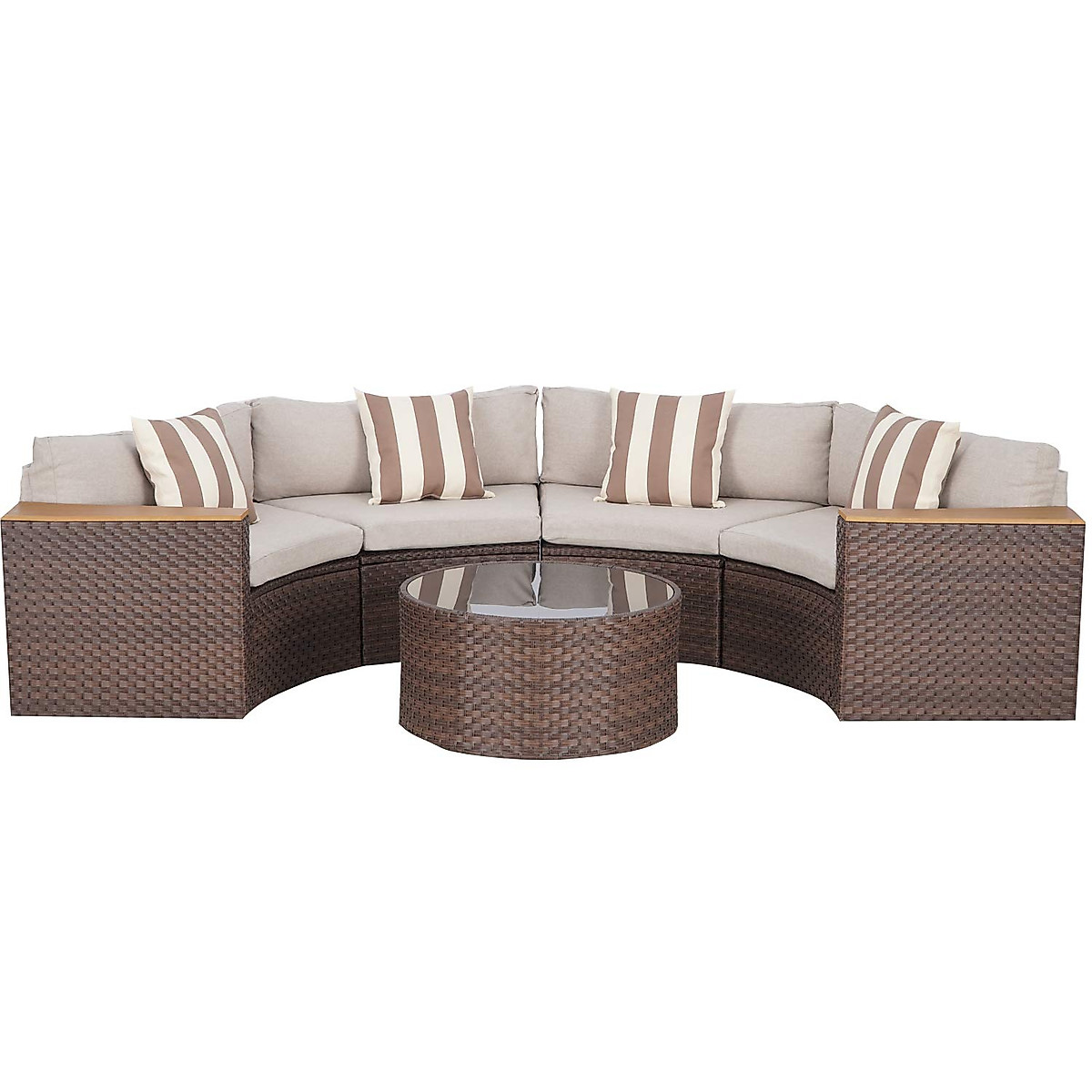 Incbruce Outdoor Half Moon Patio Furniture 5-Piece Curved Outdoor Sofa, All-Weather Outdoor Sectional Furniture Patio Conversation Sets with Round Tempered Glass Top Table(Brown Cushions)