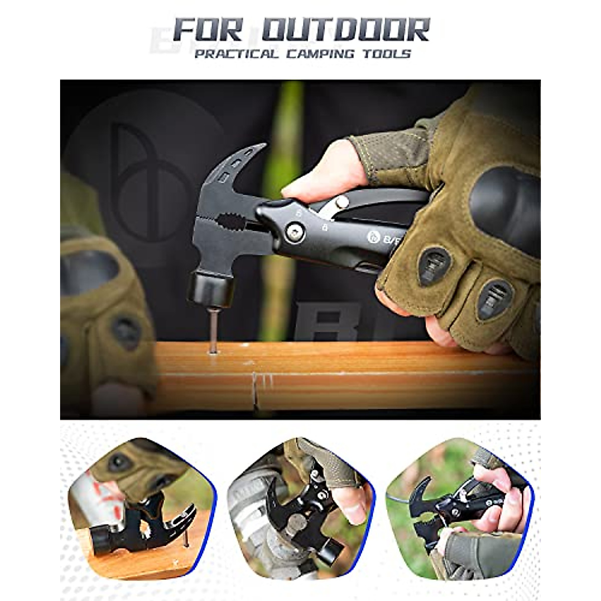 BIBURY Hammer Multitool Camping Tool, 12 in 1 Survival Gear Outdoor Multi Tool with Safety Lock, Cool Gadgets Survival Multi-Tool for Outdoor, Camping, Hiking, Christmas Present Stocking Stuffers