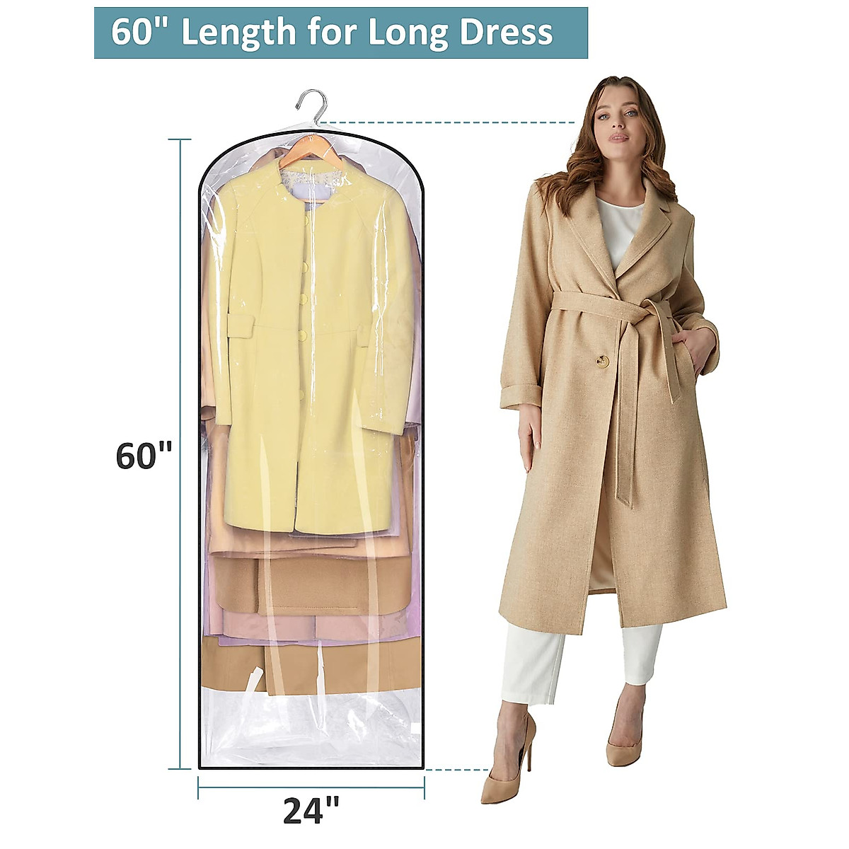 AOODA 10" Gusseted Dress Bags for Gowns Long, 60" All Clear Garment Bags for Hanging Clothes Storage, Large Hanging Clothing Bag for Closet Dress Cover for Coats (3 Packs)