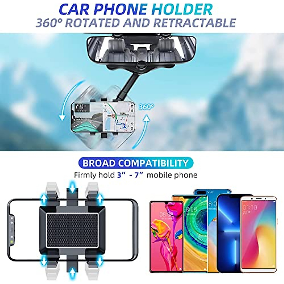Phone Mount for Cars, 360°Rotatable and Retractable Car Phone Holder Mount Multifunctional Rearview Mirror Phone Holder Car Adjustable Cell Phone Holder for iPhone,Samsung,Huawei and All Smartphones
