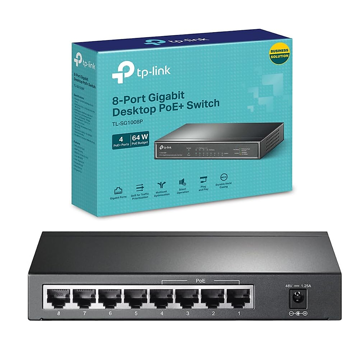 TP-Link PoE Switch Gigabit 8 Port | 4 Port PoE 55W | 802.3af Compliant | Shielded Ports | Traffic Optimization | Plug and Play | Sturdy Metal (TL-SG1008P) (Renewed)