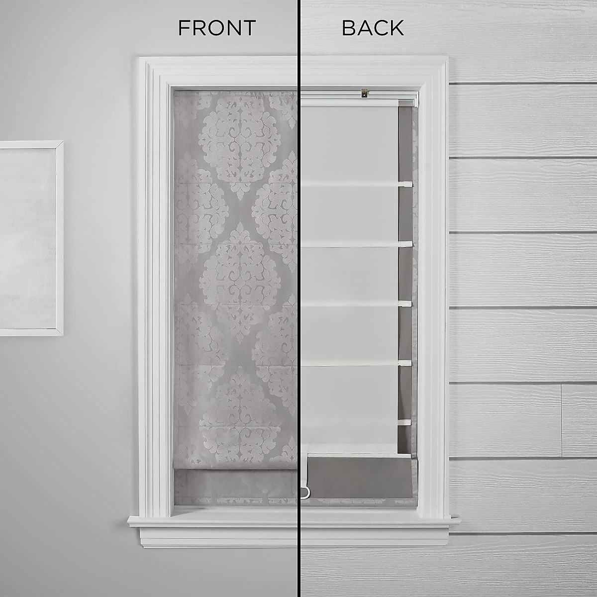 ECLIPSE Carlton Damask Blackout Cordless Lined Window Roman Shade for Living Room, 35 in x 64 in, Silver