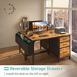 Lufeiya Computer Desk with Fabric File Drawers Cabinet, 47 Inch Home Office Desks with Filing Cabinet for Small Space, Study Writing Table PC Desks, Rustic Brown