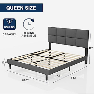 Molblly Queen Size Bed Frame with Upholstered Headboard, Strong Frame, and Wooden Slats Support, Non-Slip and Noise-Free, No Box Spring Needed, Easy Assembly, Dark Grey