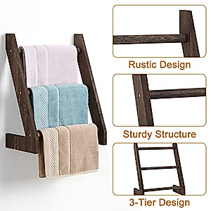 Towel Rack Wall Mounted 3 Tier Wood Hand Towel Holder Shelf Rustic Farmhouse Decorative Towel Ladder for Bathroom Home Kitchen Bedroom (Brown)