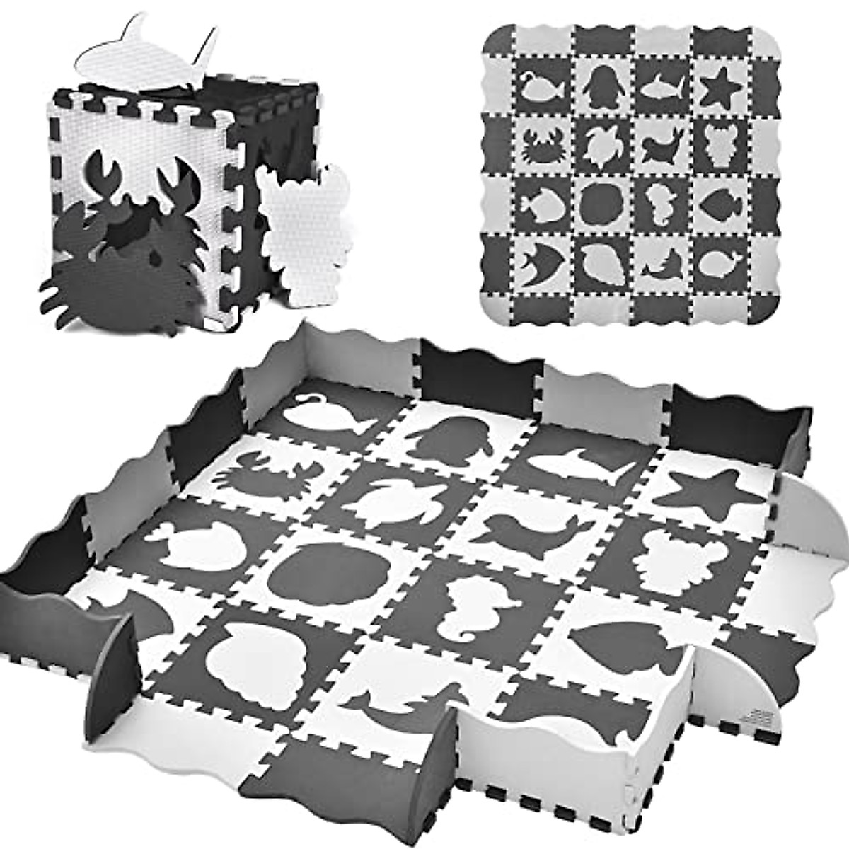 FUN LITTLE TOYS 36PCS Foam Play Mats for Baby, Soft Foldable Interlocking Foam Floor Tiles Puzzle Mat with Fence for Kids Toddlers Childrens Playpen Playroom Crawling 56 x 56 Grey