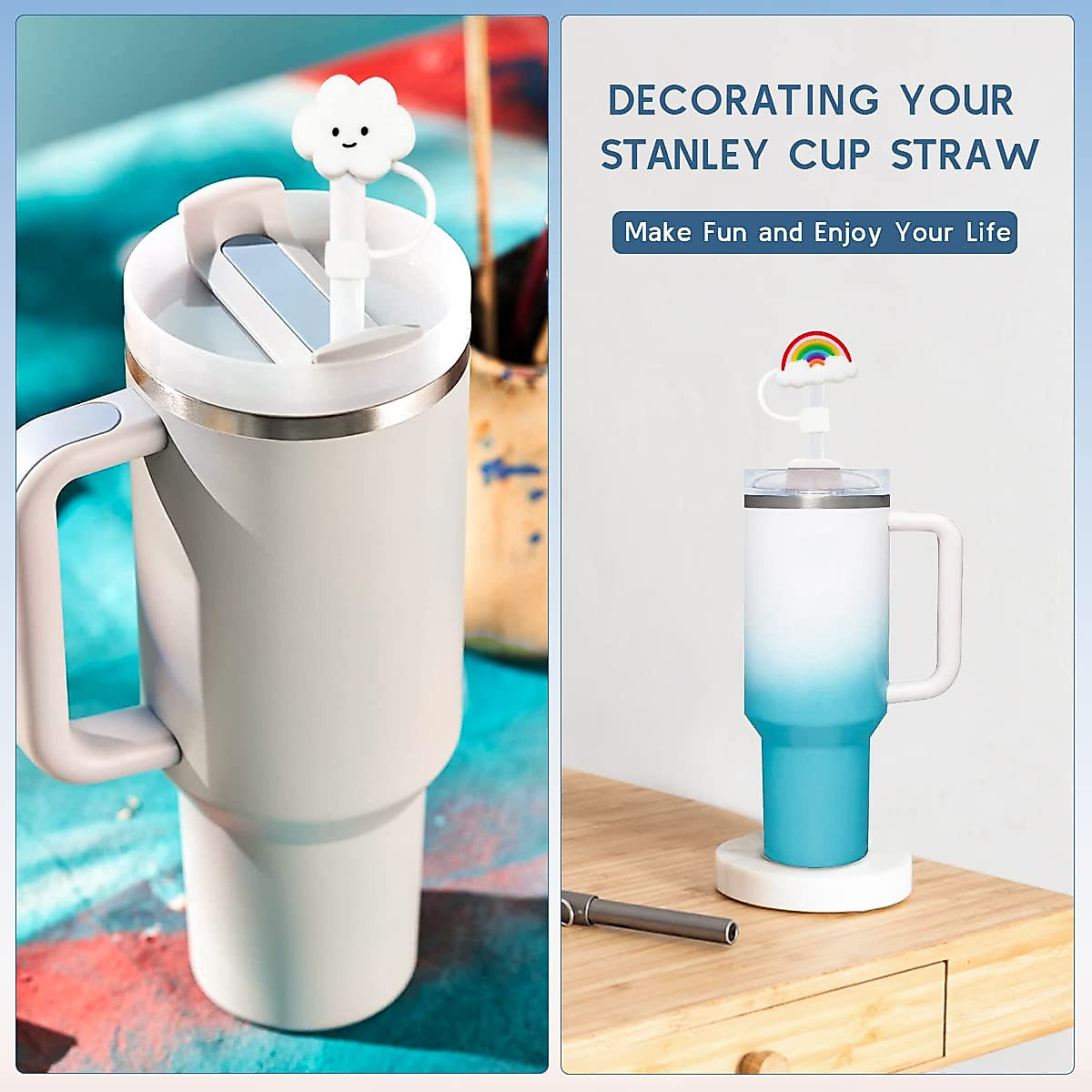 Straw Covers Cap for Stanley Cup, 4pcs 10MM Cloud&Rainbow Straw Cover, Silicone Straw Covers Cap Straw Topper for Stanley 30&40 Oz Tumbler with Handle,Straw Tip Covers Stanley Cup Accessories