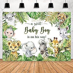 Aperturee 7x5ft Jungle Safari Animals Baby Shower Backdrop Baby Boy is On His Way It's a Boy Photography Background Green Leaves Photo Booth Studio Cake Table Banner Party Decorations Props Supplies