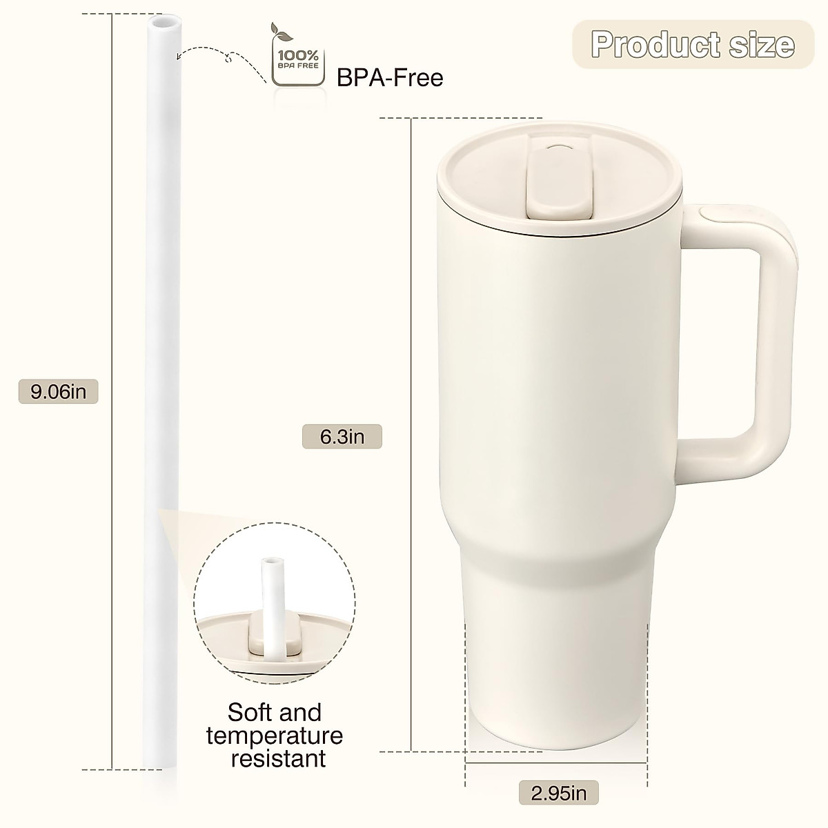 Pawtong 40oz Magnetic Lid Insulated Tumbler with Handle, 360° Rotating & Removable Cover, Leak-Proof Travel Mug with Soft Silicone Straw for Drivers, Commuters, Road Trips, Dishwasher Safe (Beige)