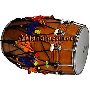 Dhol Drums Mango Wood Punjabi Bhangra With Playing Sticks And Decoration Partbrown