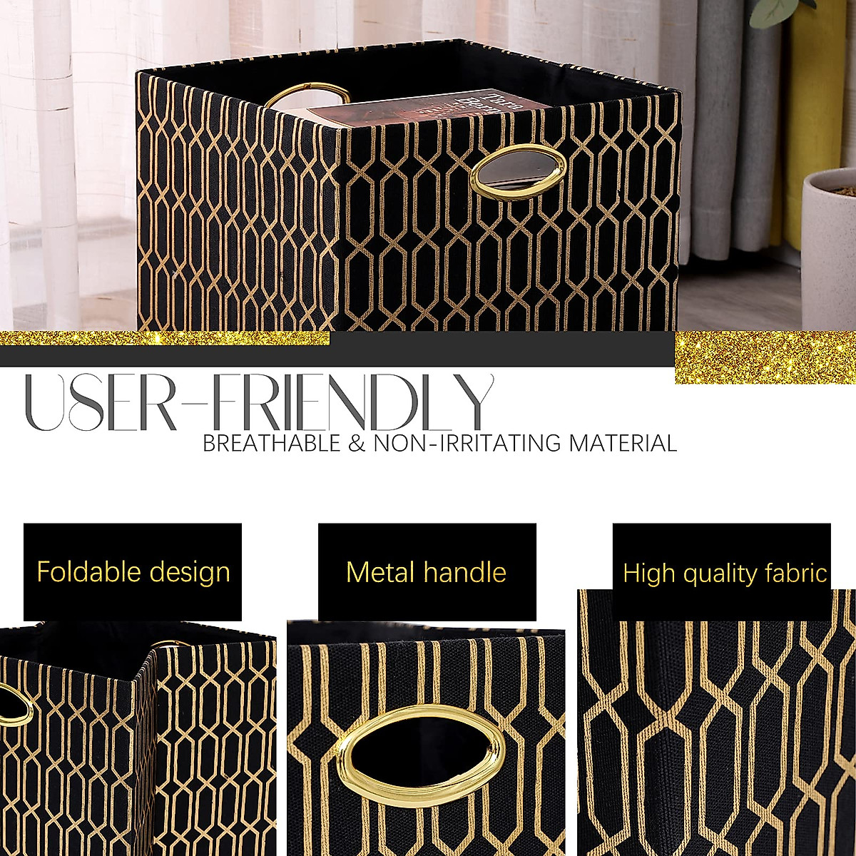 Fboxac Cube Storage Bins 13×13 Polyester Foldable Box with Handles, Black Gold Collapsible Organization Basket Set of 4 Large Capacity Drawer for IKEA Closet Shelf Halloween Cabinet Bookcase