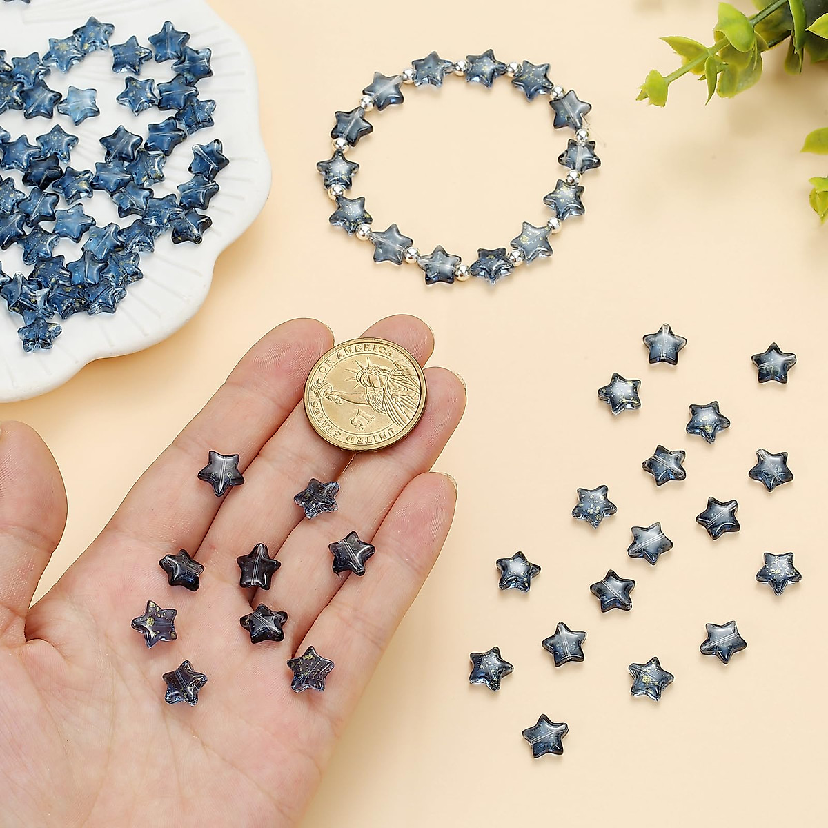 100pcs Dark Blue Star Beads Glass Crystal Star Beads 10mm Star Glass Spacer Beads for Jewelry Bracelet Making DIY Crafts Gifts (Dark Blue Star)
