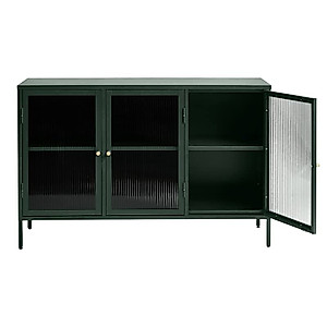 Modern Tempered Fluted Glass & Steel Sideboard with 3 Hinged Doors, 2 Adjustable Shelves, Bookcases, Cabinets, Entertainment, Filing & Storage for Home Office, Kitchen, 52x15.75x33.5 in.