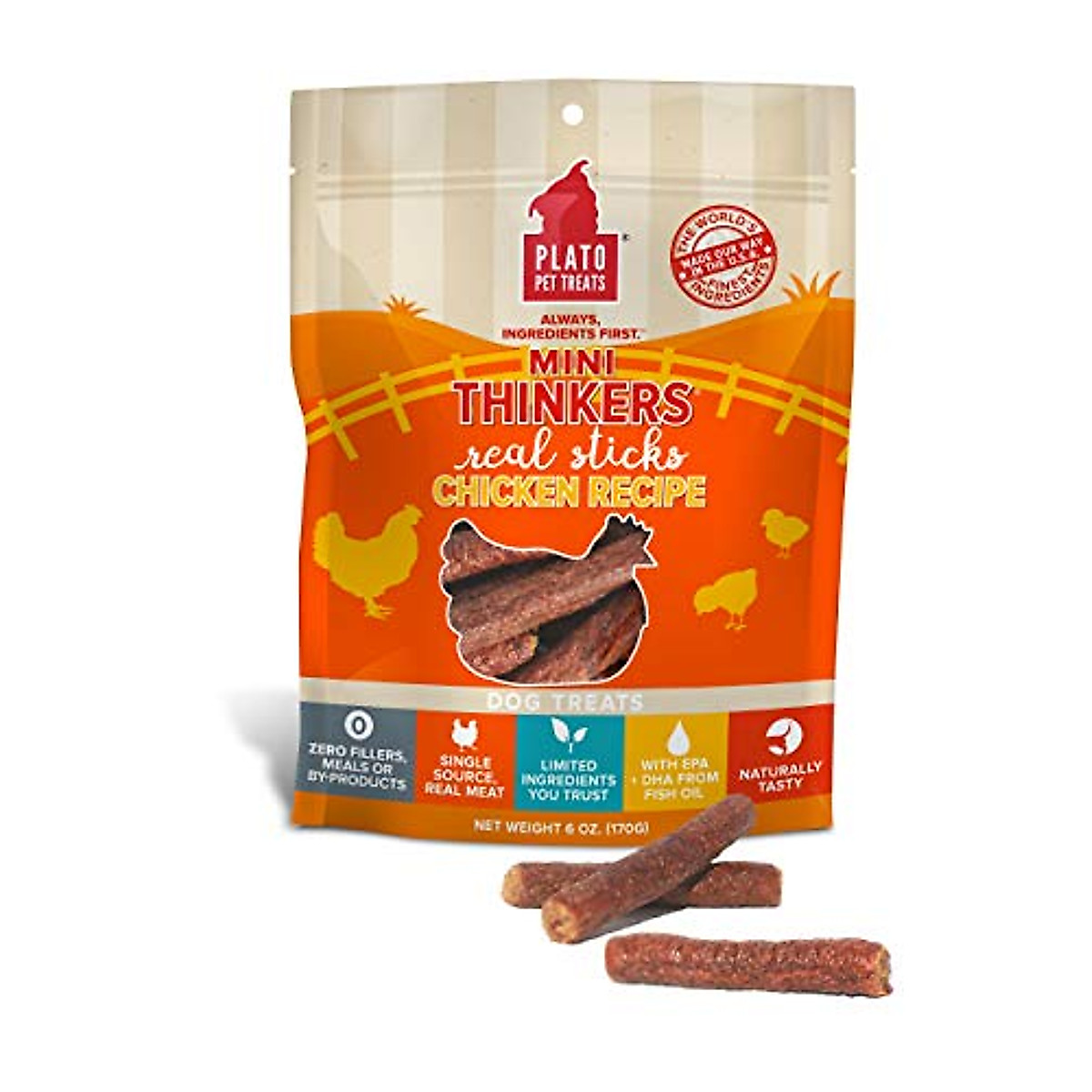 PLATO Mini Thinkers Sticks - Natural Dog Treats - Real Meat - Air Dried - Made in the USA, Chicken Flavor, 6 ounces