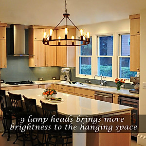 Senyshilon Wagon Wheel Chandelier 9-Light Farmhouse Chandelier, Dia 32'' Industrial Pendant Light Fixture, Black Matte Modern Chandeliers for Dining Room Kitchen Island Bedroom Living Room Foyer