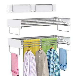 Gorblos Wall Mounted Drying Rack, Foldable Laundry Rack, Collapsible Drying Rack, 5 Stainless Rods, Wall Mounted Clothing Rod with 2 Towel Bar, 90 lb Capacity, 31.5" White