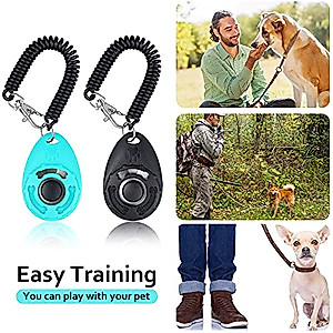 Weewooday Dog Clicker Training Kit, 1 Dog Treat Training Pouch and 2 Pieces Pet Training Clicker with Wrist Strap, Built in Poop Bag Dispenser Easily Carrying Pet Toys Treats (Black,Solid Pattern)
