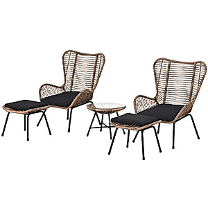 Merax Dark Gray 5-Piece Outdoor Patio Rattan Bistro Set, All-Weather PE Wicker Arm Stools and Glass Tea Balcony, Porch Yard Natural, 2 Chairs + 1 Table