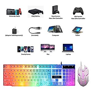 CHONCHOW Keyboard and Mouse Combo Gaming Wired Gamer Set Ambient Backlight LED RGB Key Board & Mice 19 Non-Conflict 3600Dpi Compatible with PS4/PS5 Xbox One Pc iMac MacBook Laptop