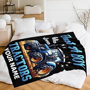 Custom Tractor Blanket for Boy with Name, 50 x 40 Inches Kids Blanket for Kids, Just A Boy Who Loves Tractors, Cozy Flannel Throw Blanket Gift, Soft Black Truck Throws for Couch Sofa Tractor Party