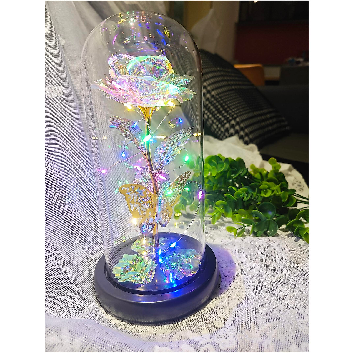 AUSAYE for Mom,Women's Gift Gold Butterfly Birthday Gifts Colorful Preserved Rose Gift Flower, Preserved Rose Flower in Glass Dome, Unique Gift for Her, Mom,Grandma