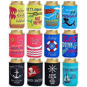12 oz Beach Themed Neoprene Can Cooler Sleeves for Soda, Beer, Beverages (12 Pack)