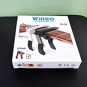WINGO 6 String Single-handed Guitar Capo For Acoustic Electric Guitar - 2 Pack of Black and Silver